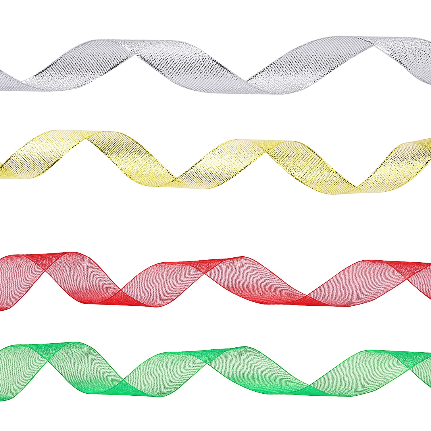 Livder 4 Rolls 4/5 Inch in Width Christmas Metallic Glitter Organza Ribbons Golden, Silvery, Red, Green Ribbon for Gift Wrapping, Christmas Tree Room Decoration