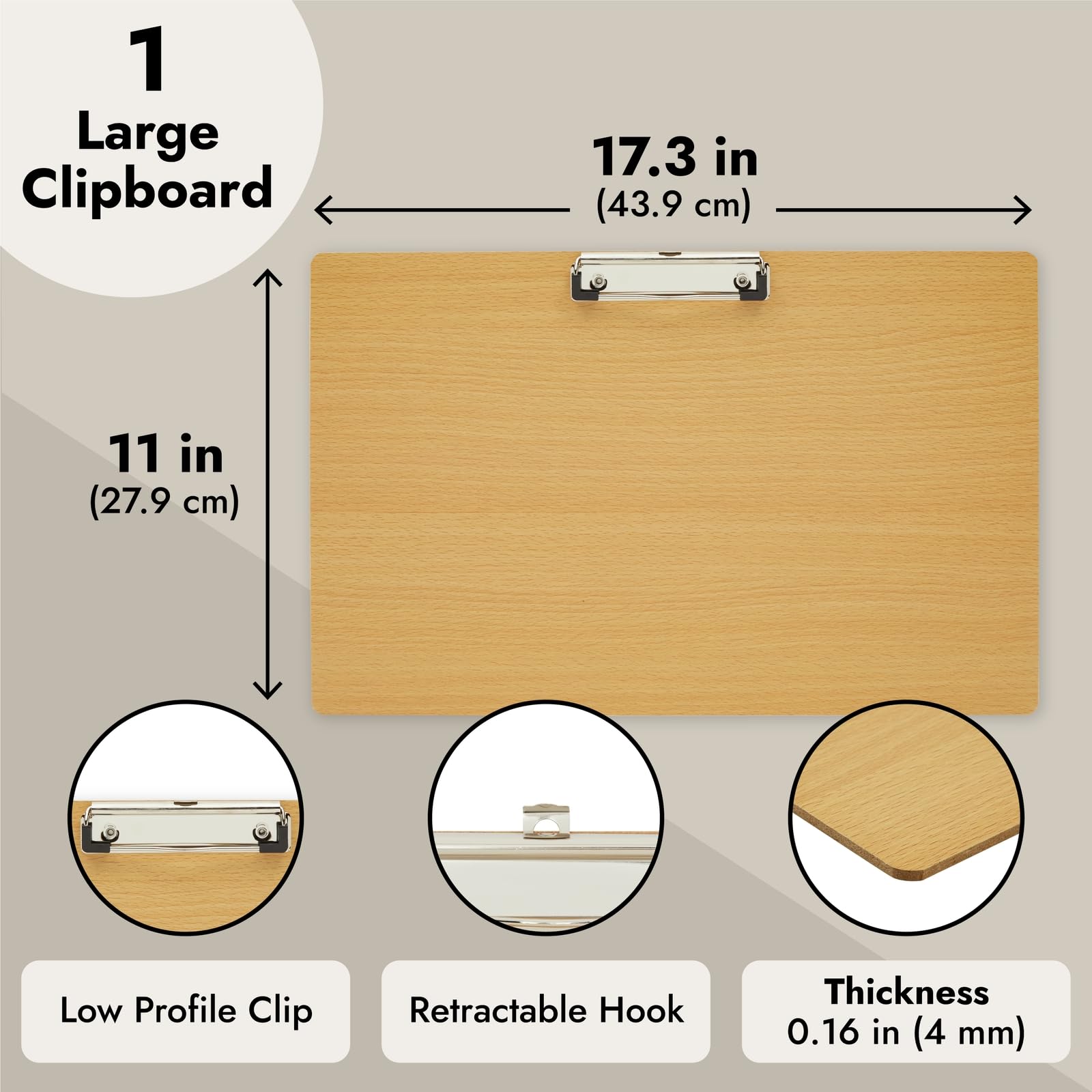Extra Large 11x17 Clipboard, Horizontal Wooden Lap Board with Low Profile Clip for Drawing, Sketching, Art Supplies (3mm Thickness)