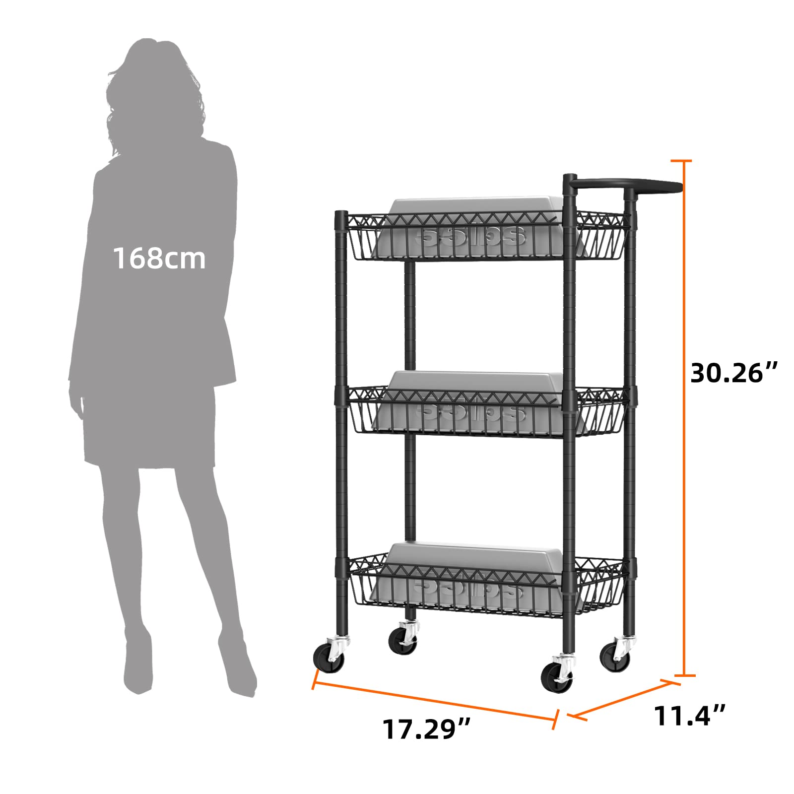 SINGAYE 3-Tier Utility Mesh Basket Cart with Handle,170LBS Load Capacity Evenly Distributed,Metal Storage Basket Cart,Black, 17.29" W X 11.4" D X30.26 H