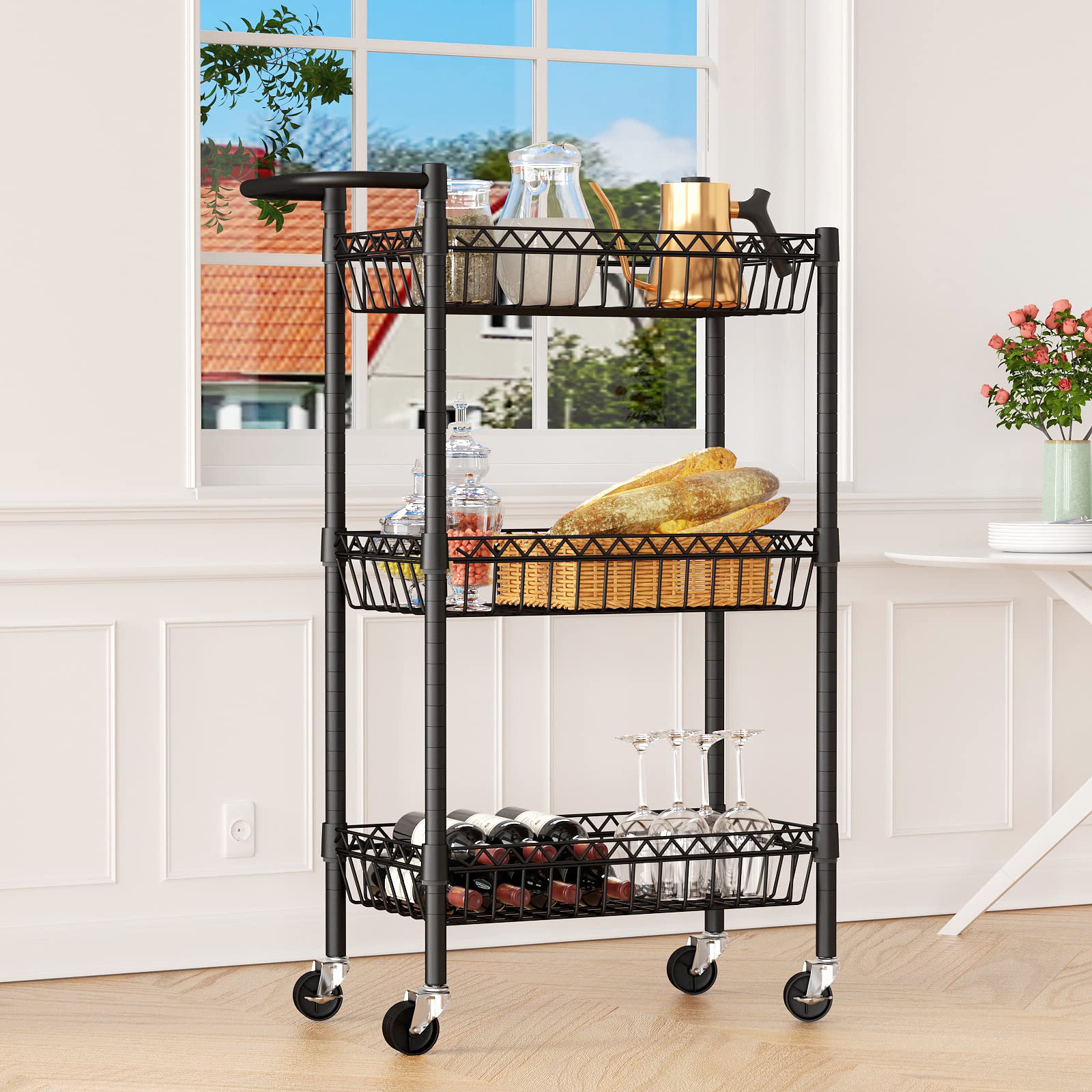 SINGAYE 3-Tier Utility Mesh Basket Cart with Handle,170LBS Load Capacity Evenly Distributed,Metal Storage Basket Cart,Black, 17.29" W X 11.4" D X30.26 H