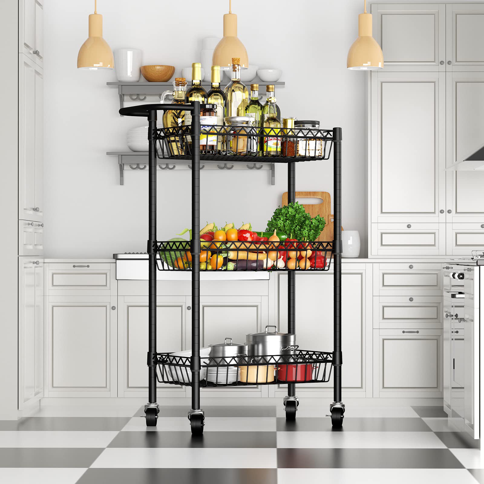 SINGAYE 3-Tier Utility Mesh Basket Cart with Handle,170LBS Load Capacity Evenly Distributed,Metal Storage Basket Cart,Black, 17.29" W X 11.4" D X30.26 H