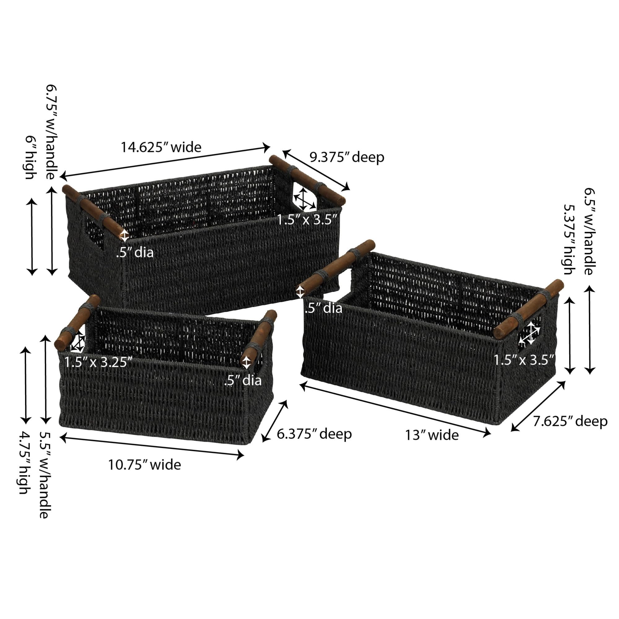 Household Essentials ML-7052 Paper Rope Wicker Storage Baskets with Wood Handles |Set of 3 | Black Stain