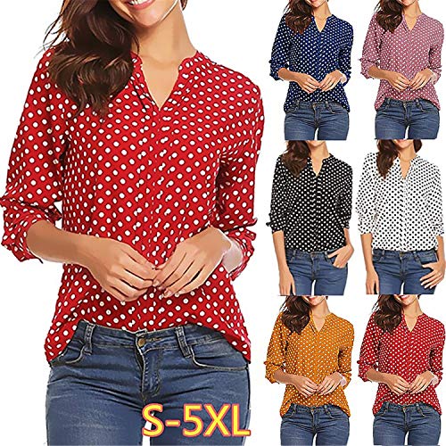 Andongnywell Women's Dots Roll Long Sleeve Blouse Shirt Dot Printed V-Neck Long Sleeve Ladies T Shirt (Red,6,3X-Large)