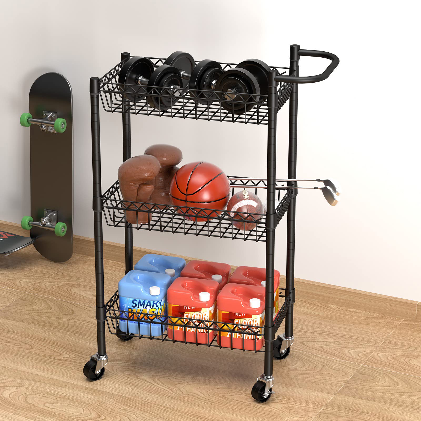 SINGAYE 3-Tier Utility Mesh Basket Cart with Handle,170LBS Load Capacity Evenly Distributed,Metal Storage Basket Cart,Black, 17.29" W X 11.4" D X30.26 H