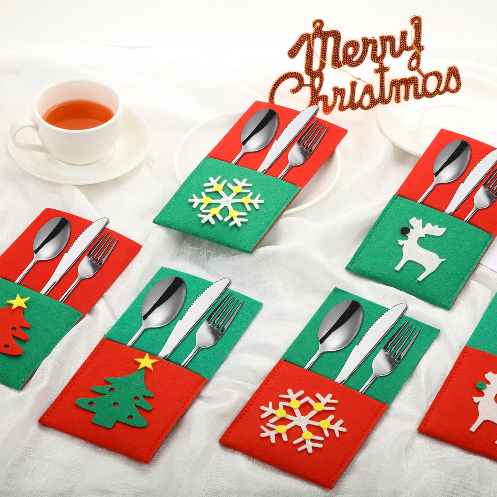 10 Pieces Christmas Silverware Holder Pocket Tableware Cutlery Organizers Felt Xmas Tree Snowman Reindeer Snowflake Stocking Knife Fork Flatware Bags Christmas Party Dinner Table Supplies