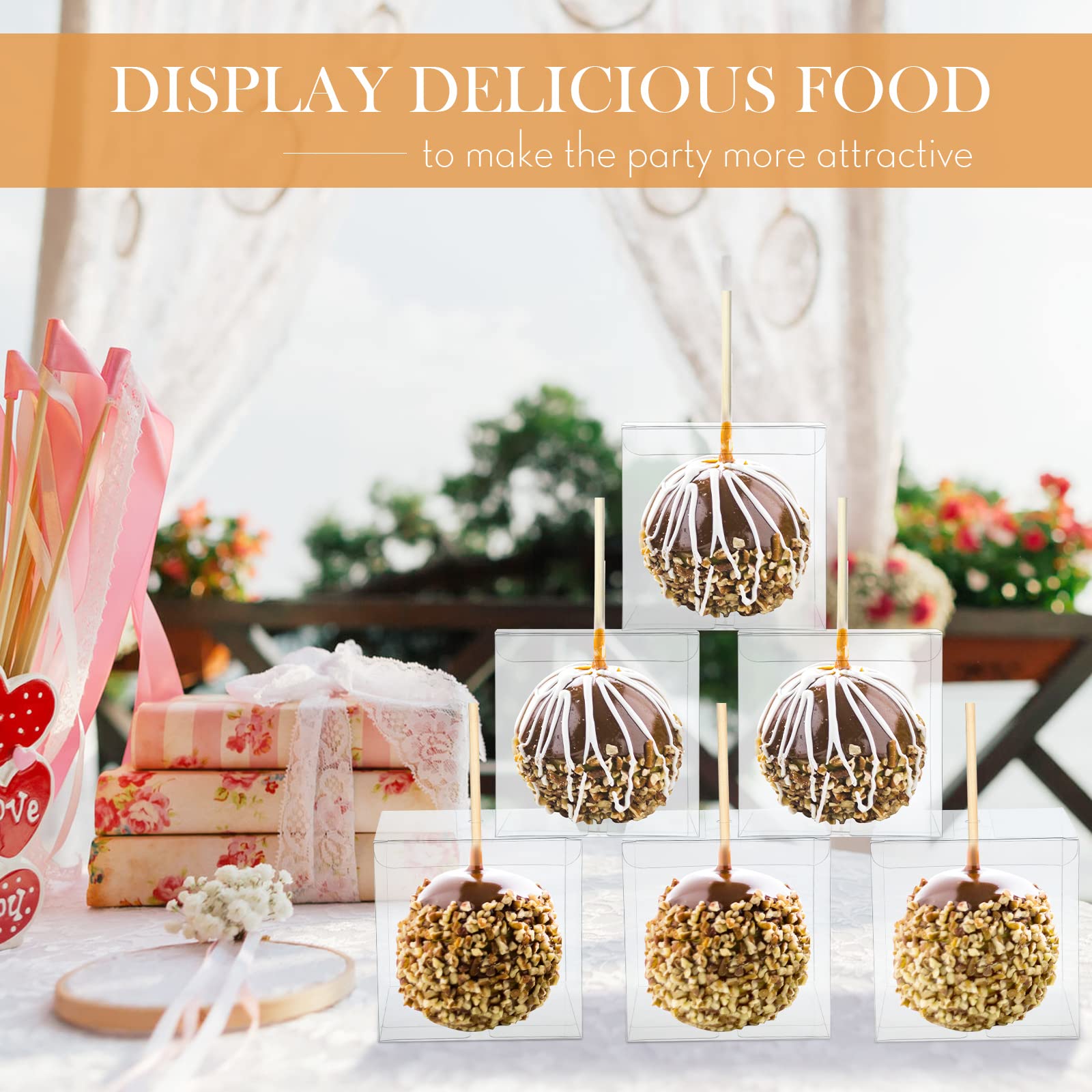 80 Pcs Candy Apple Boxes with Hole and Sticks Clear Candy Boxes for Wedding Transparent Plastic Caramel Apple Boxes for Wedding Baby Shower Party Cake Pops Cookies Chocolates Gift 4 x 4 x 4 Inch
