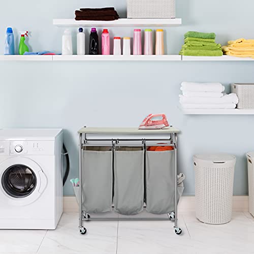 HollyHOME Laundry Basket Sorter with Ironing Board and 4 Wheels,Laundry Hamper with Sturdy Small Bags for Laundry Room Grey