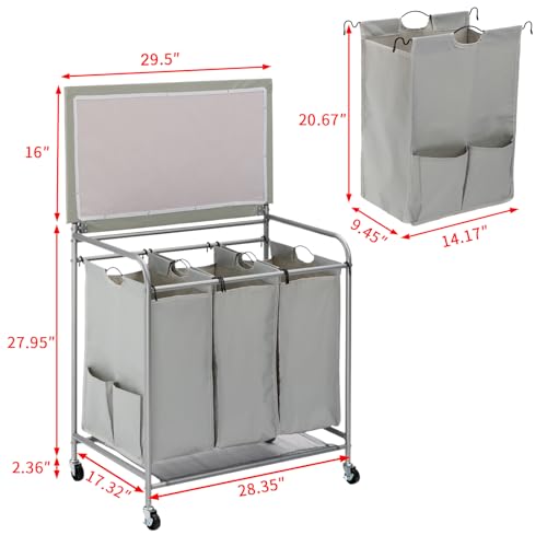 HollyHOME Laundry Basket Sorter with Ironing Board and 4 Wheels,Laundry Hamper with Sturdy Small Bags for Laundry Room Grey