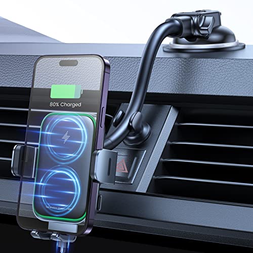 APPS2Car Wireless Car Charger Dual Coils Auto-Clamping Alignment Dashboard Phone Mount for Car Truck 15W Charging Holder Compatible with iPhone 14 13 Pro Max Samsung Z Fold/Z Flip All Mobile Phones