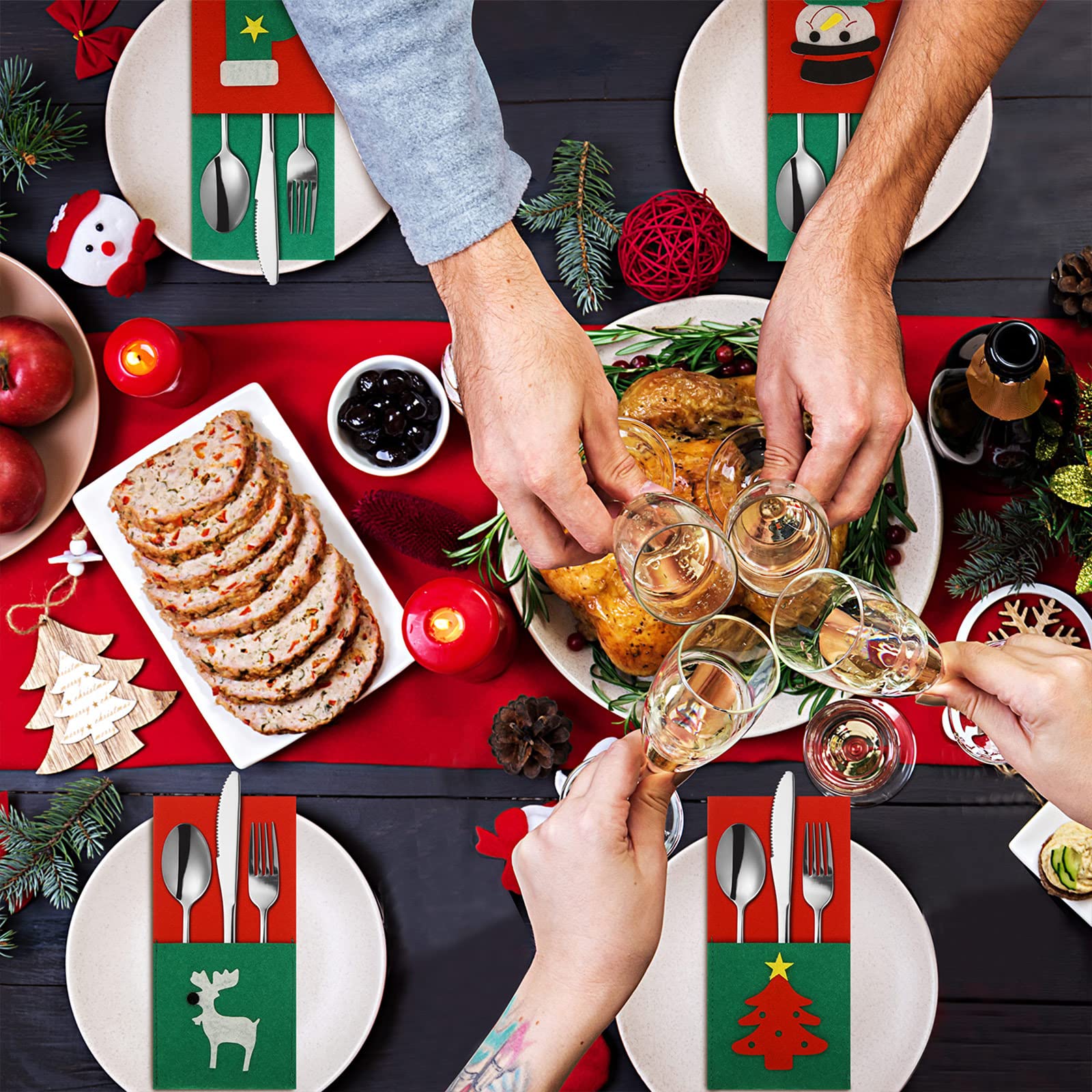 10 Pieces Christmas Silverware Holder Pocket Tableware Cutlery Organizers Felt Xmas Tree Snowman Reindeer Snowflake Stocking Knife Fork Flatware Bags Christmas Party Dinner Table Supplies