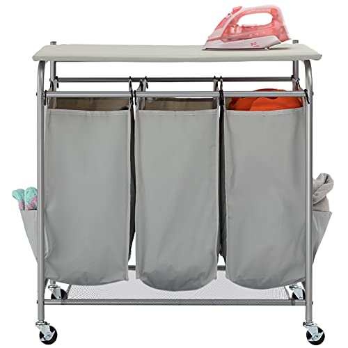 HollyHOME Laundry Basket Sorter with Ironing Board and 4 Wheels,Laundry Hamper with Sturdy Small Bags for Laundry Room Grey