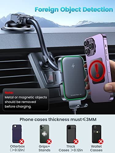APPS2Car Wireless Car Charger Dual Coils Auto-Clamping Alignment Dashboard Phone Mount for Car Truck 15W Charging Holder Compatible with iPhone 14 13 Pro Max Samsung Z Fold/Z Flip All Mobile Phones