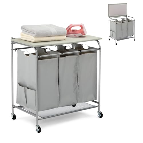 HollyHOME Laundry Basket Sorter with Ironing Board and 4 Wheels,Laundry Hamper with Sturdy Small Bags for Laundry Room Grey