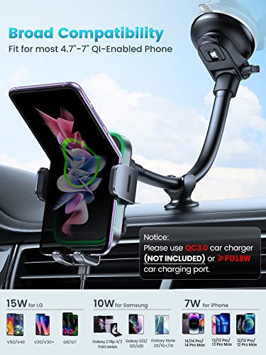 APPS2Car Wireless Car Charger Dual Coils Auto-Clamping Alignment Dashboard Phone Mount for Car Truck 15W Charging Holder Compatible with iPhone 14 13 Pro Max Samsung Z Fold/Z Flip All Mobile Phones