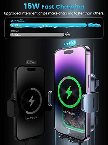 APPS2Car Wireless Car Charger Dual Coils Auto-Clamping Alignment Dashboard Phone Mount for Car Truck 15W Charging Holder Compatible with iPhone 14 13 Pro Max Samsung Z Fold/Z Flip All Mobile Phones