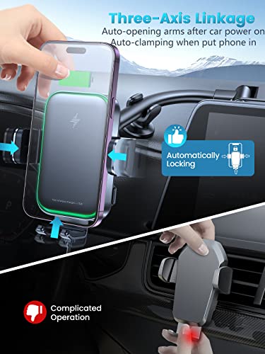 APPS2Car Wireless Car Charger Dual Coils Auto-Clamping Alignment Dashboard Phone Mount for Car Truck 15W Charging Holder Compatible with iPhone 14 13 Pro Max Samsung Z Fold/Z Flip All Mobile Phones