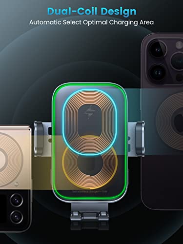 APPS2Car Wireless Car Charger Dual Coils Auto-Clamping Alignment Dashboard Phone Mount for Car Truck 15W Charging Holder Compatible with iPhone 14 13 Pro Max Samsung Z Fold/Z Flip All Mobile Phones