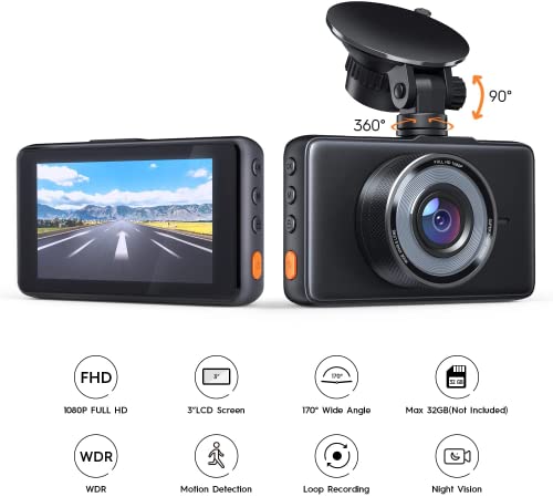 DAJKRTIA Dash Cam 1080P Car Dash Camera, Super Night Vision Driving Recorder 3 Inch LCD Screen 170° Wide Angle, G-Sensor, Accident Record, Loop Recording