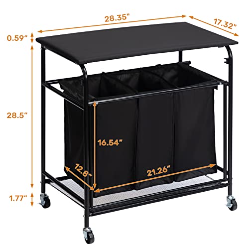 HollyHOME 3 Section Rolling Laundry Sorter Cart with Fixed Ironing Board Laundry Hamper Room Organization with 4 Wheels and Table Top Lid Removable Bags Black