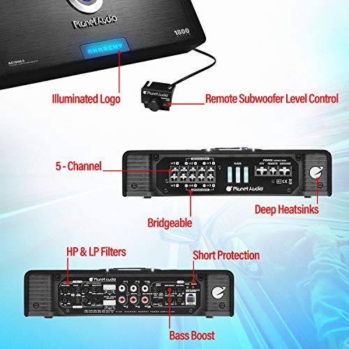 Planet Audio AC1800.5 5 Channel Car Amplifier - 1800 Watts, Full Range, Class A/B, 2-4 Ohm Stable, Mosfet Power Supply, Bridgeable