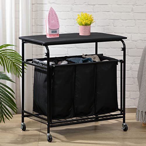 HollyHOME 3 Section Rolling Laundry Sorter Cart with Fixed Ironing Board Laundry Hamper Room Organization with 4 Wheels and Table Top Lid Removable Bags Black