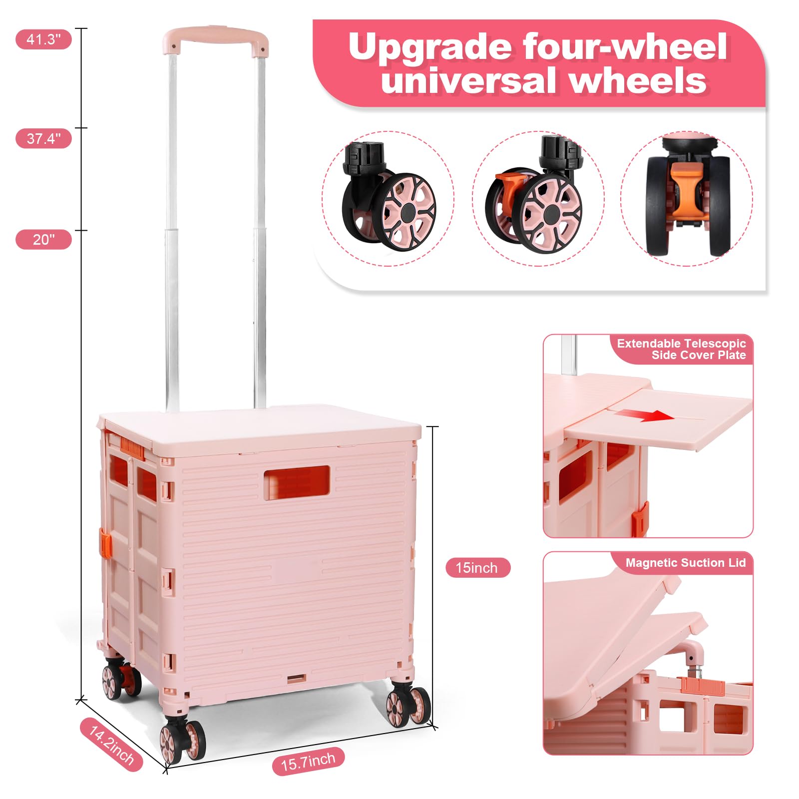 Foldable Utility Cart Collapsible Portable Tool Cart with Wheels Tote Basket,176LBS Load Capacity,Magnetic Lid Telescopic Cover with 360° Wheels Telescoping Handle for Grocery Laundry Luggage,Pink