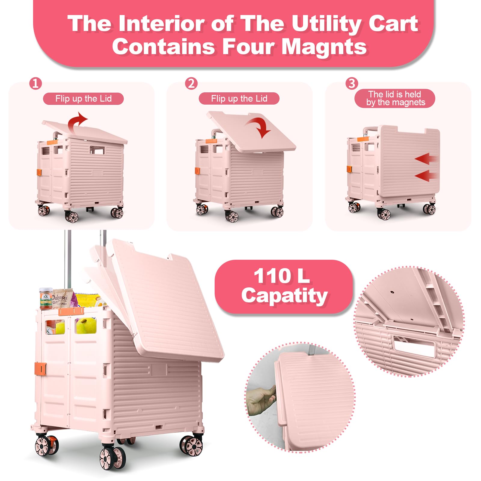 Foldable Utility Cart Collapsible Portable Tool Cart with Wheels Tote Basket,176LBS Load Capacity,Magnetic Lid Telescopic Cover with 360° Wheels Telescoping Handle for Grocery Laundry Luggage,Pink