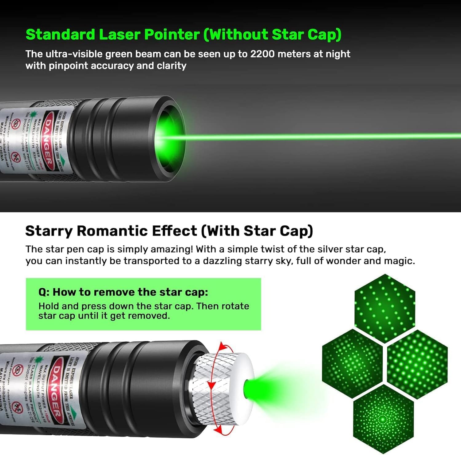Green Laser Pointer Long Range High Power Tactical Green Beam Flashlight Laser pointer rechargeableUSB Laser Pointer Cat toys with Star Cap Adjustable Focus for Teaching Outdoor Hunting