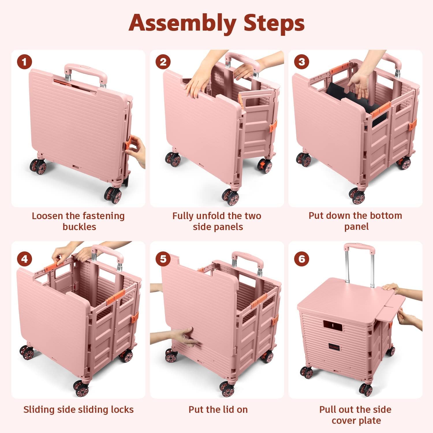Foldable Utility Cart Collapsible Portable Tool Cart with Wheels Tote Basket,176LBS Load Capacity,Magnetic Lid Telescopic Cover with 360° Wheels Telescoping Handle for Grocery Laundry Luggage,Pink