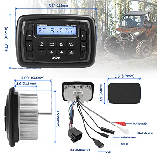 Velex Powersport Marine Stereo Radio AM FM Tuner Stereo 4 x 45W Bluetooth Streaming UTV ATV