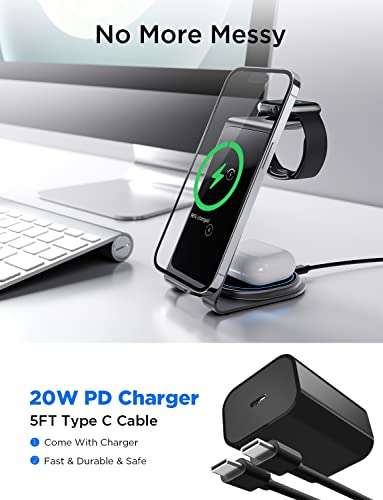 Wireless Charging Station for Apple, 15W iPhone Wireless Charger Fast Charging [Metal], Lemoworld 3 in 1 Charging Station [Qi Certified], for iPhone 14/13/12/11/Pro/Max/Apple Watch/Airpods Pro