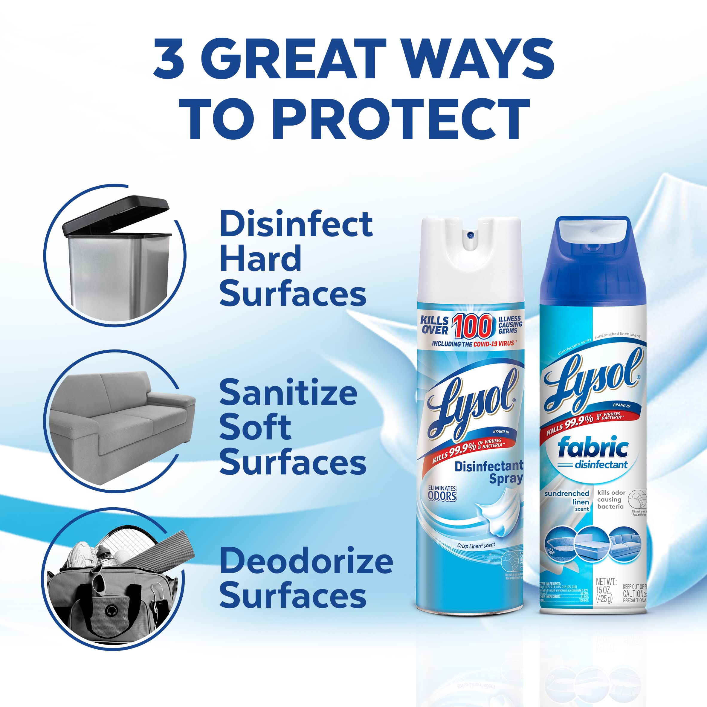 Lysol Disinfectant Spray + Fabric Disinfectant, Sanitizing and Antibacterial Spray, For Disinfecting and Deodorizing, Crisp Linen + Sundrenched Linen, 2 count (19 oz each) + 1 count (15 oz)
