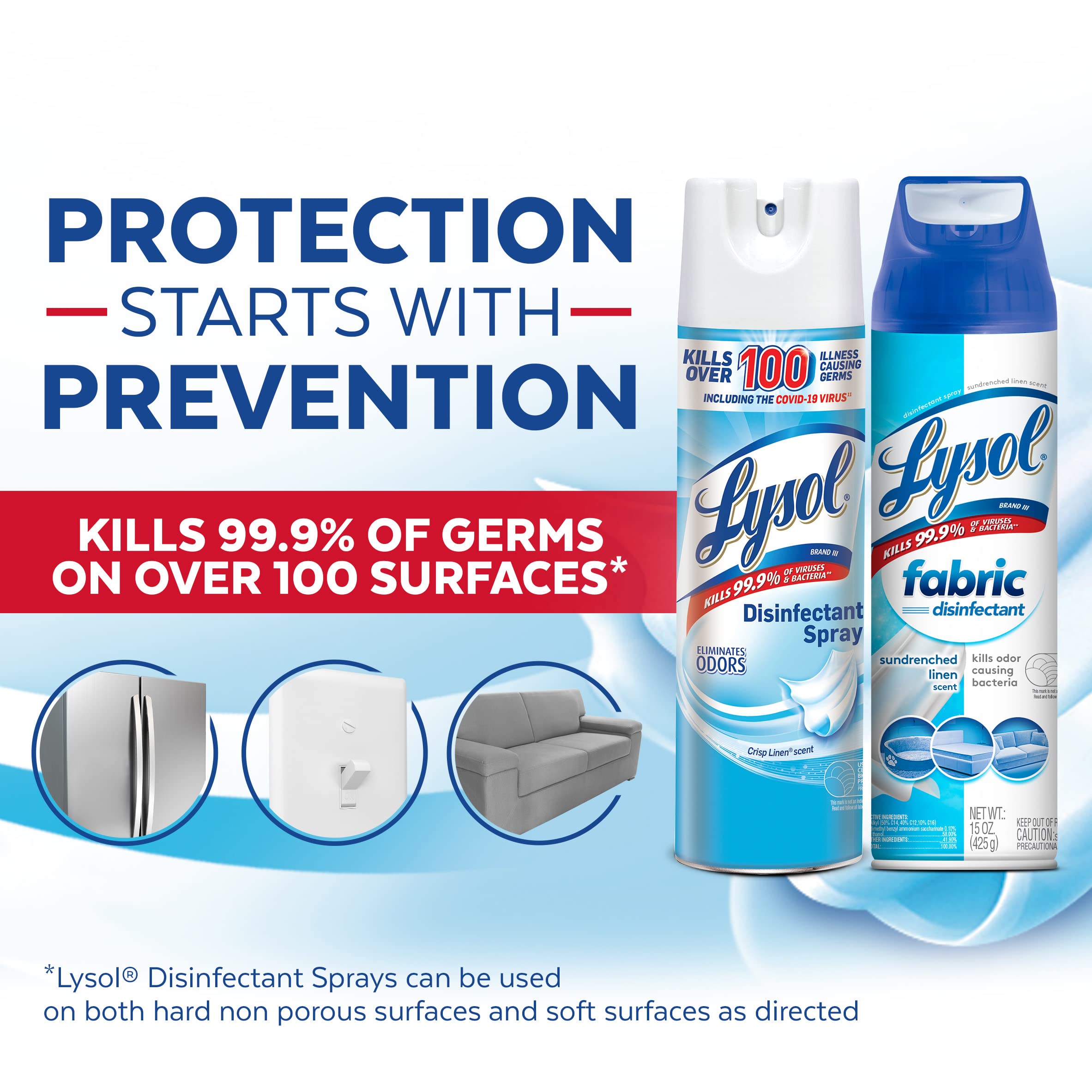 Lysol Disinfectant Spray + Fabric Disinfectant, Sanitizing and Antibacterial Spray, For Disinfecting and Deodorizing, Crisp Linen + Sundrenched Linen, 2 count (19 oz each) + 1 count (15 oz)