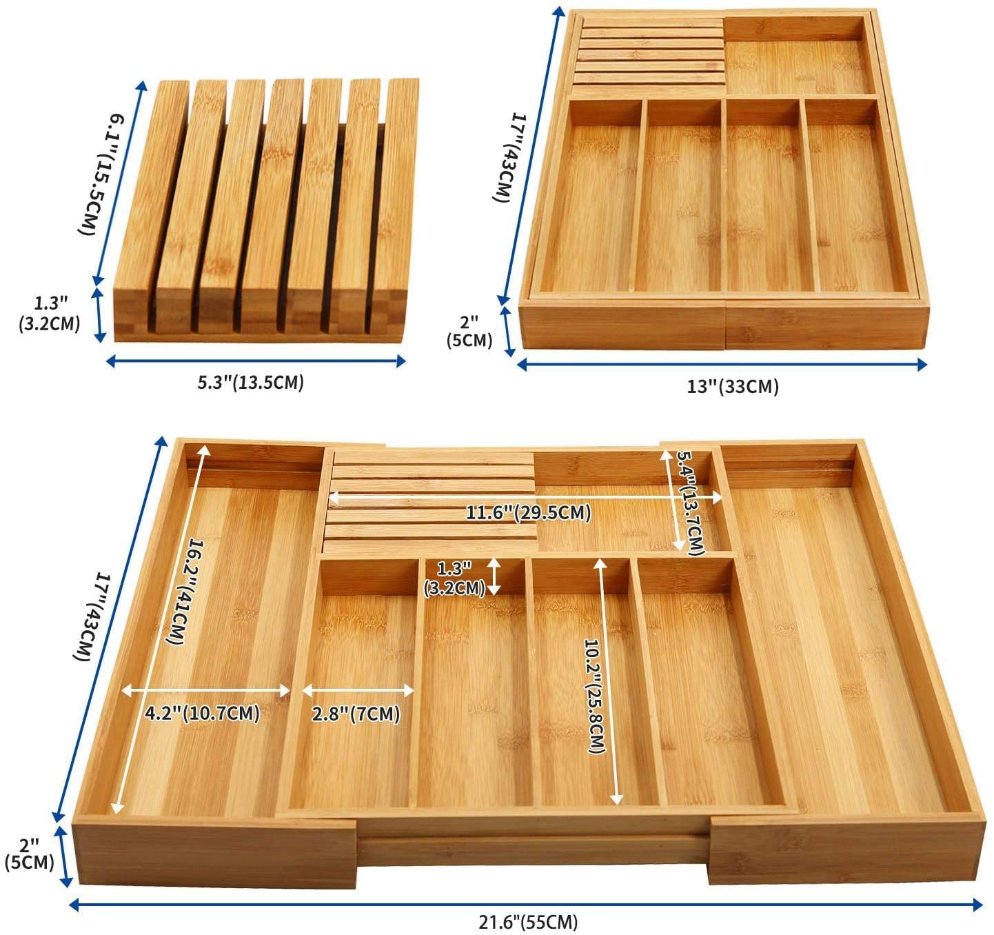 Bamboo Silverware Drawer Organizer with Knife Block Set
