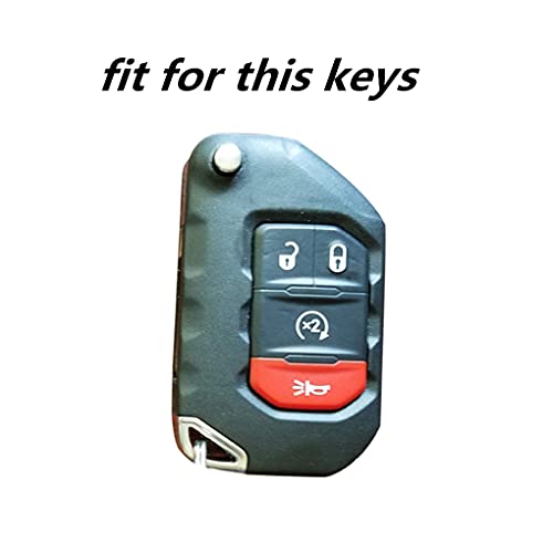 WFMJ Leather for 2018 2019 2020 2021 2022 2023 Jeep Wrangler JL Gladiator JT JLU Remote Flip 4 Buttons Key Fob Case Cover Chain (Black)