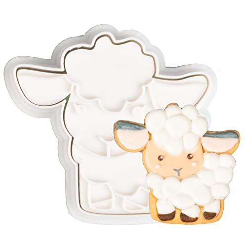 Flycalf Farm Cookie Cutter Sheep With Handle Plunger Stamps 3D Biscuit Cutter Baking PLA Mold DIY for Kitchen 3.5" Tools for Baby Shower Family Birthday Party