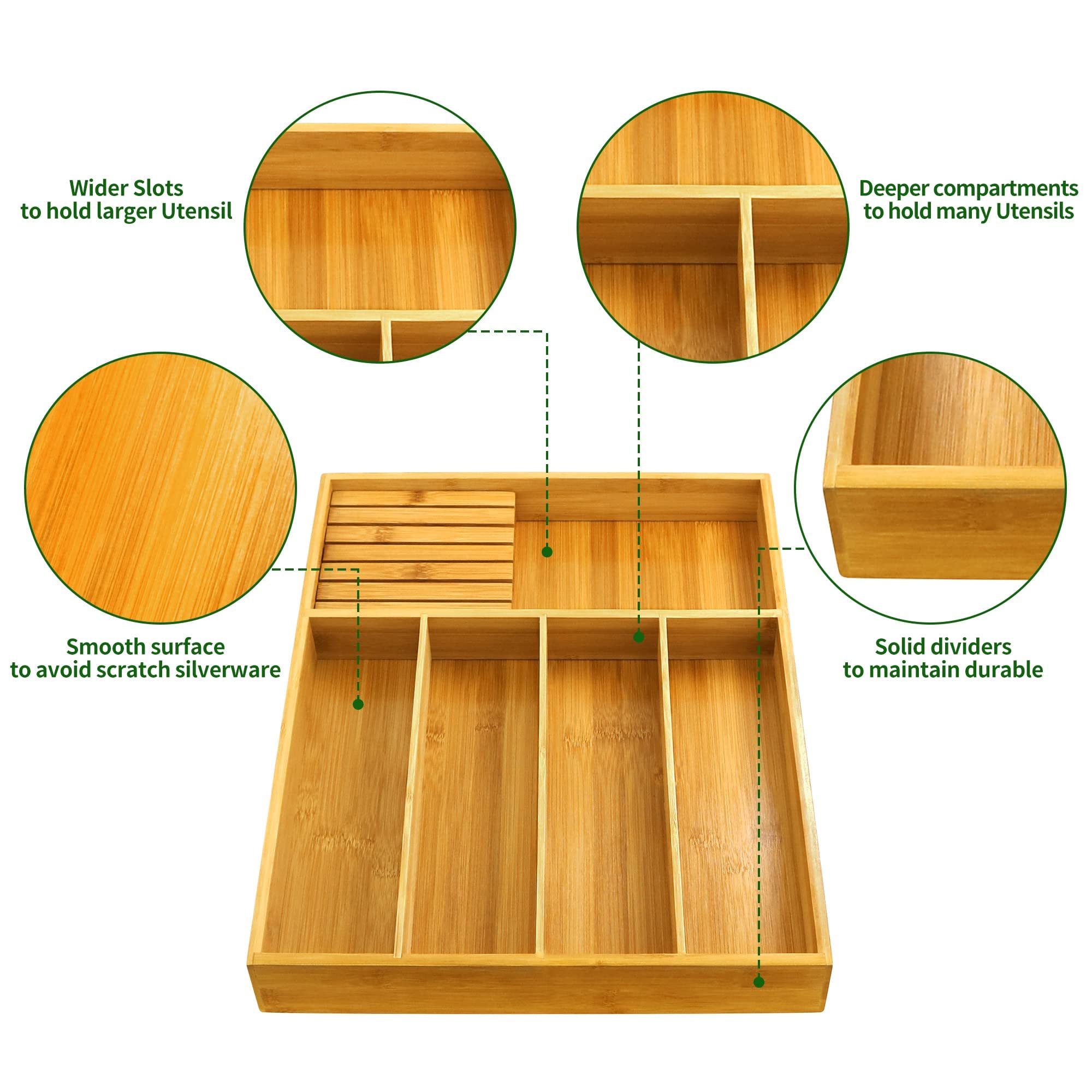 Bamboo Silverware Drawer Organizer with Knife Block Set