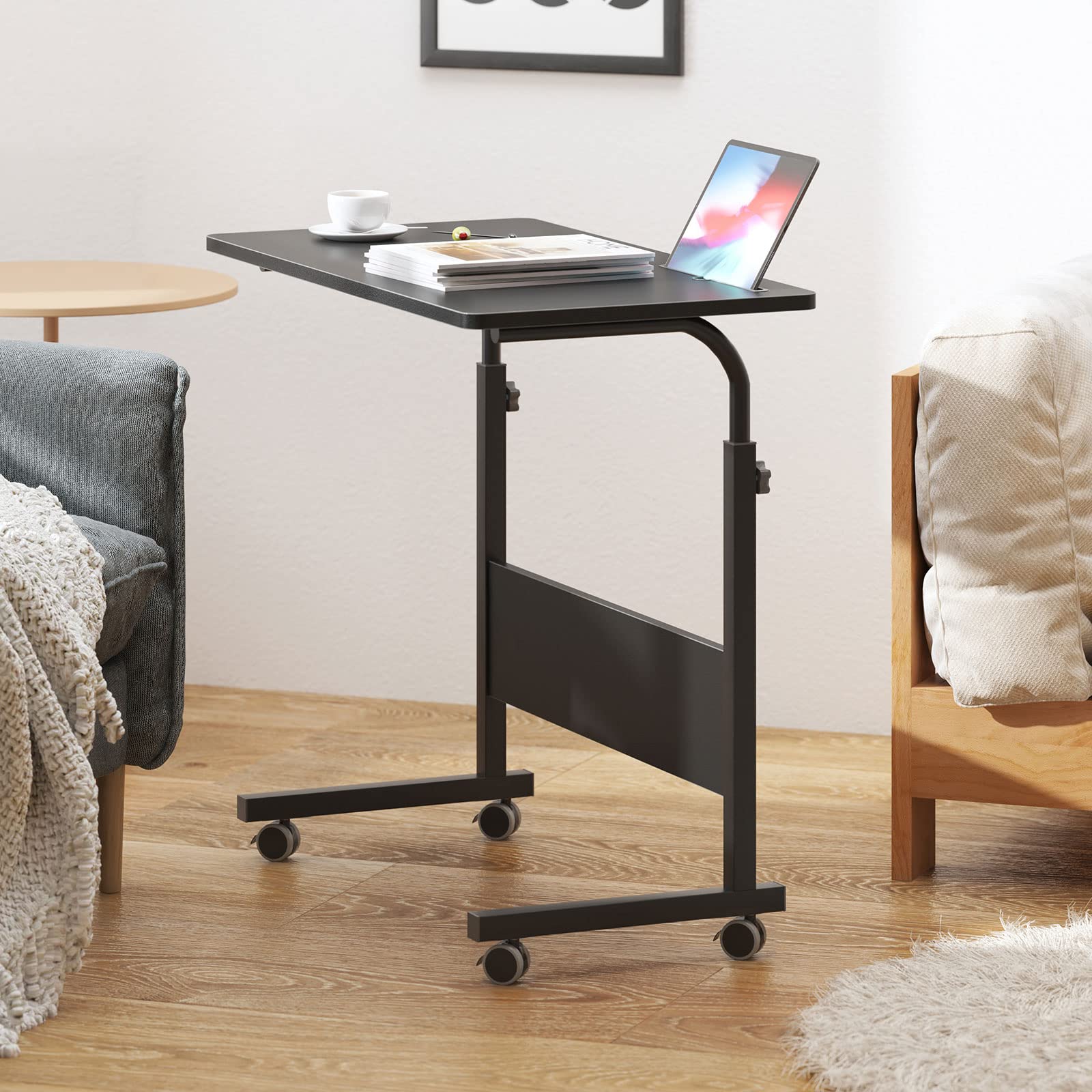 DlandHome Side Table 31.4 Inches w/Tablet Slot & Wheels Adjustable C Table Movable Portable Computer Stand for Bed Sofa, Black 05#3-80B