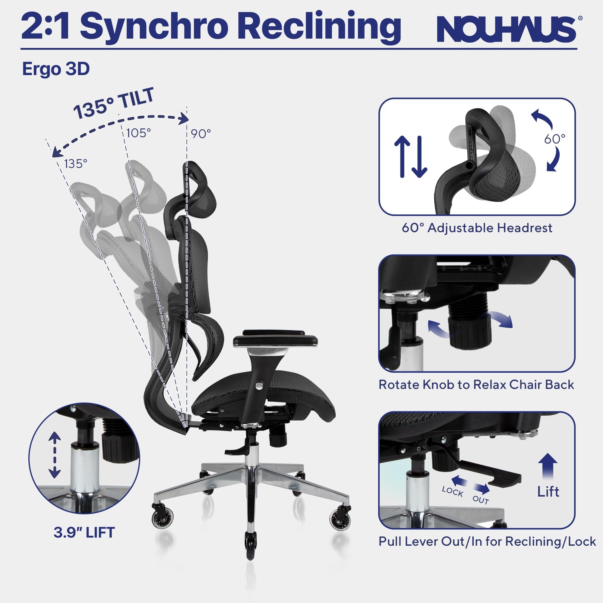 Nouhaus Ergo3D Ergonomic Office Chair - Rolling Desk Chair with 4D Adjustable Armrest, 3D Lumbar Support and Blade Wheels - Mesh Computer Chair, Office Chairs, Executive Swivel Chair (Black)