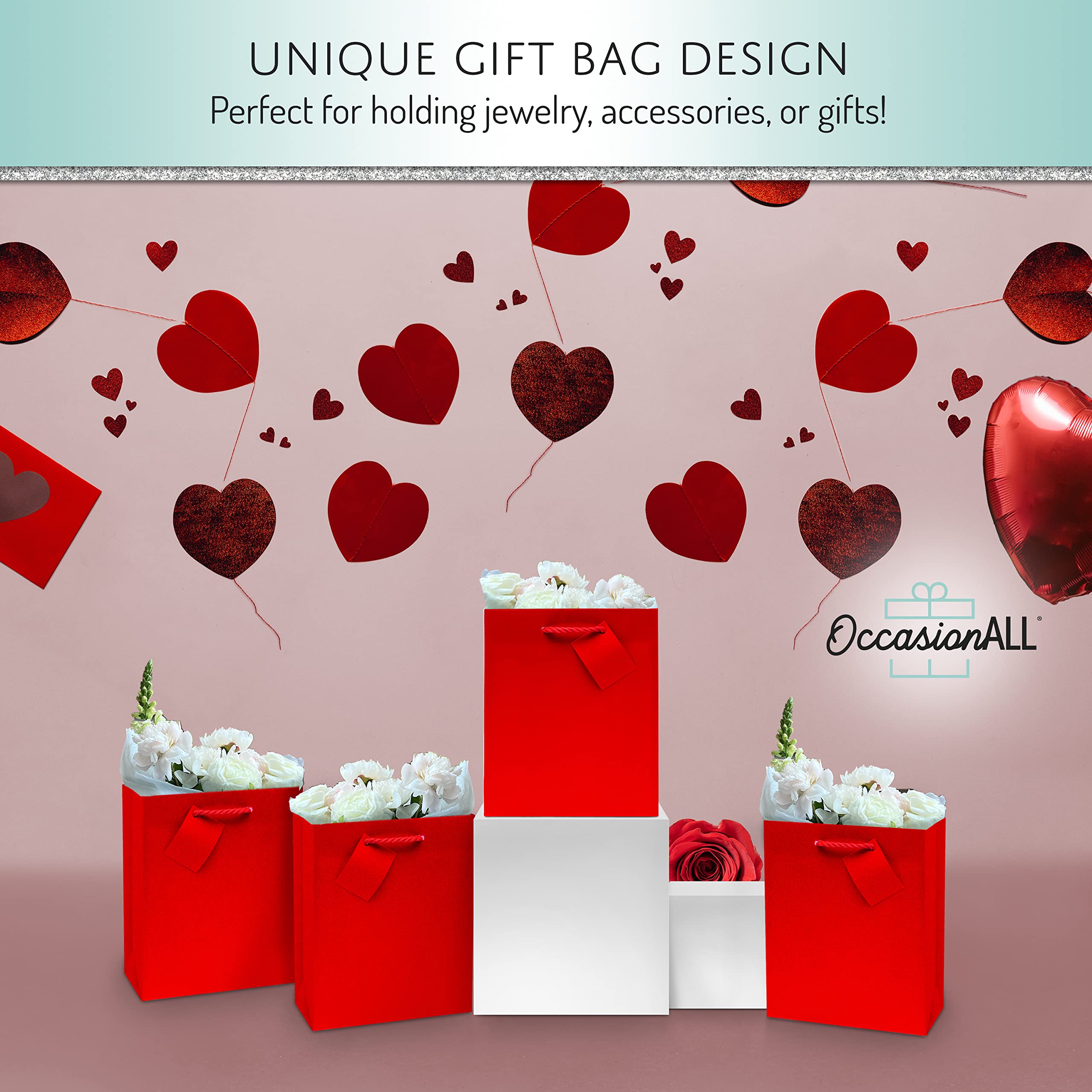 Red Gift Bags - 12 Pack Medium Red Gift Bags with Handles, Gift Wrap Paper Euro Totes for Valentine's Day, Holiday Gift Wrap, Birthday & Wedding, Small Business, Retail & Boutiques, Bulk - 7.5x3.5x9