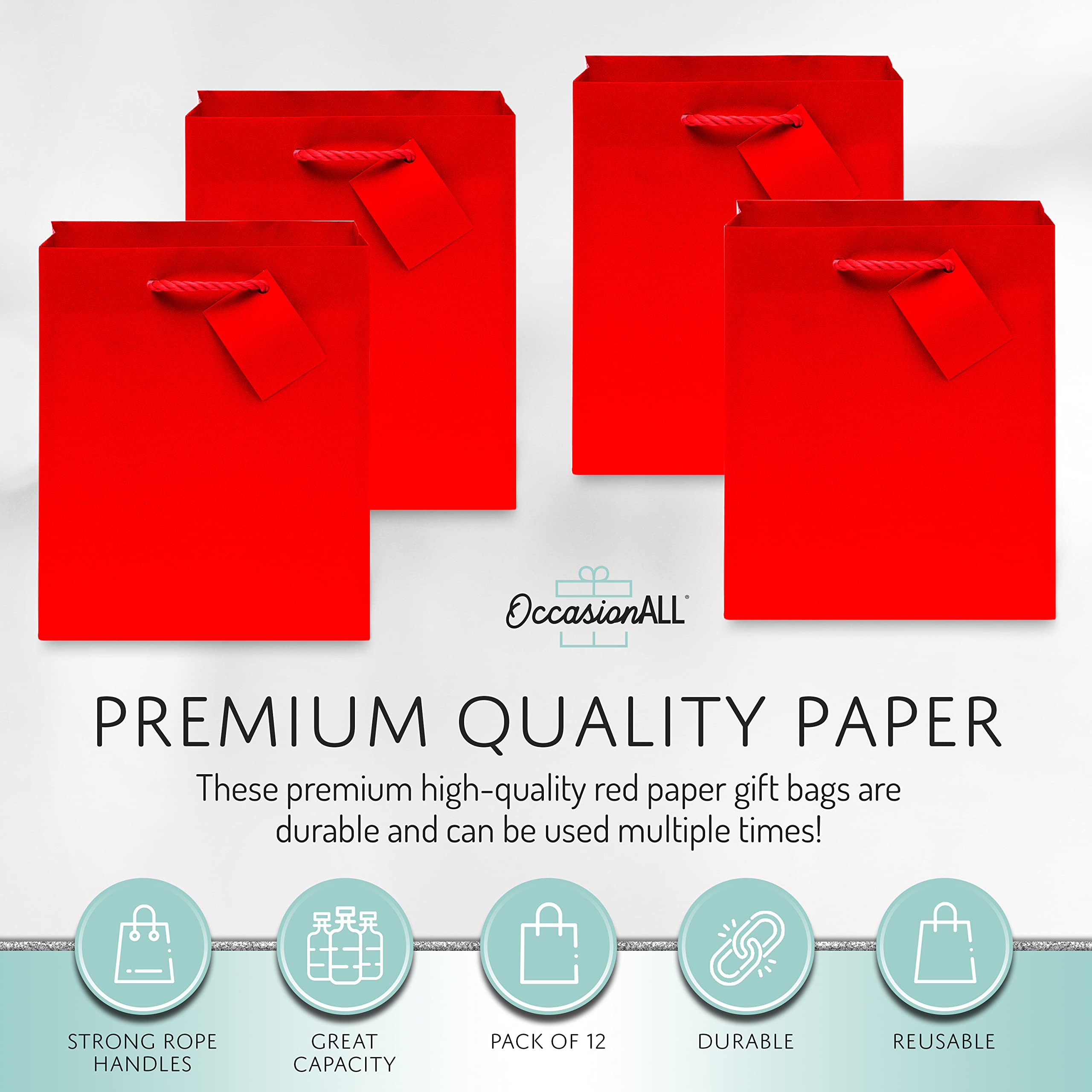 Red Gift Bags - 12 Pack Medium Red Gift Bags with Handles, Gift Wrap Paper Euro Totes for Valentine's Day, Holiday Gift Wrap, Birthday & Wedding, Small Business, Retail & Boutiques, Bulk - 7.5x3.5x9