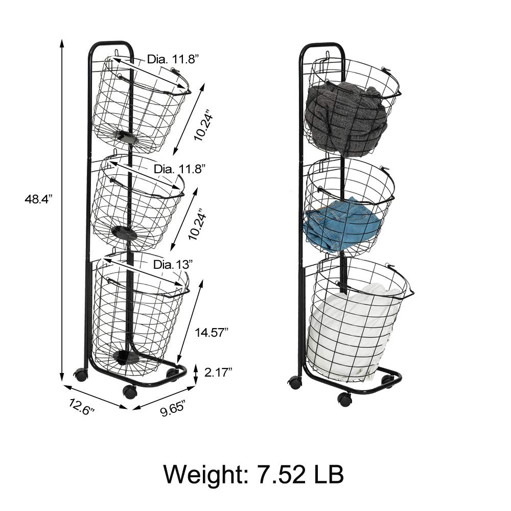 Farios 3 Tier Rolling Laundry Hamper with 3 Removable Wire Basket, Metal Sorter Storage Trolley shelf basket with wheel, tall clothes laundry basket bin with wheels– White