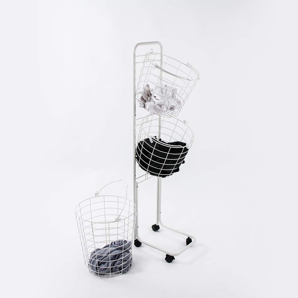 Farios 3 Tier Rolling Laundry Hamper with 3 Removable Wire Basket, Metal Sorter Storage Trolley shelf basket with wheel, tall clothes laundry basket bin with wheels– White