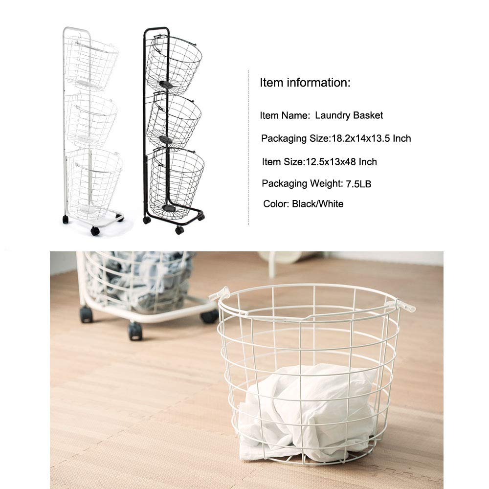 Farios 3 Tier Rolling Laundry Hamper with 3 Removable Wire Basket, Metal Sorter Storage Trolley shelf basket with wheel, tall clothes laundry basket bin with wheels– White