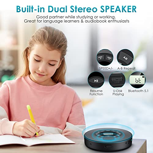 KOVCDVI Portable CD Player for Car Bluetooth CD Player with Speakers 1500mAh Rechargeable Battery Personal CD Players with Display Headphones Memory Function PROG Repeat Mode Supports USB MP3 AUX Play
