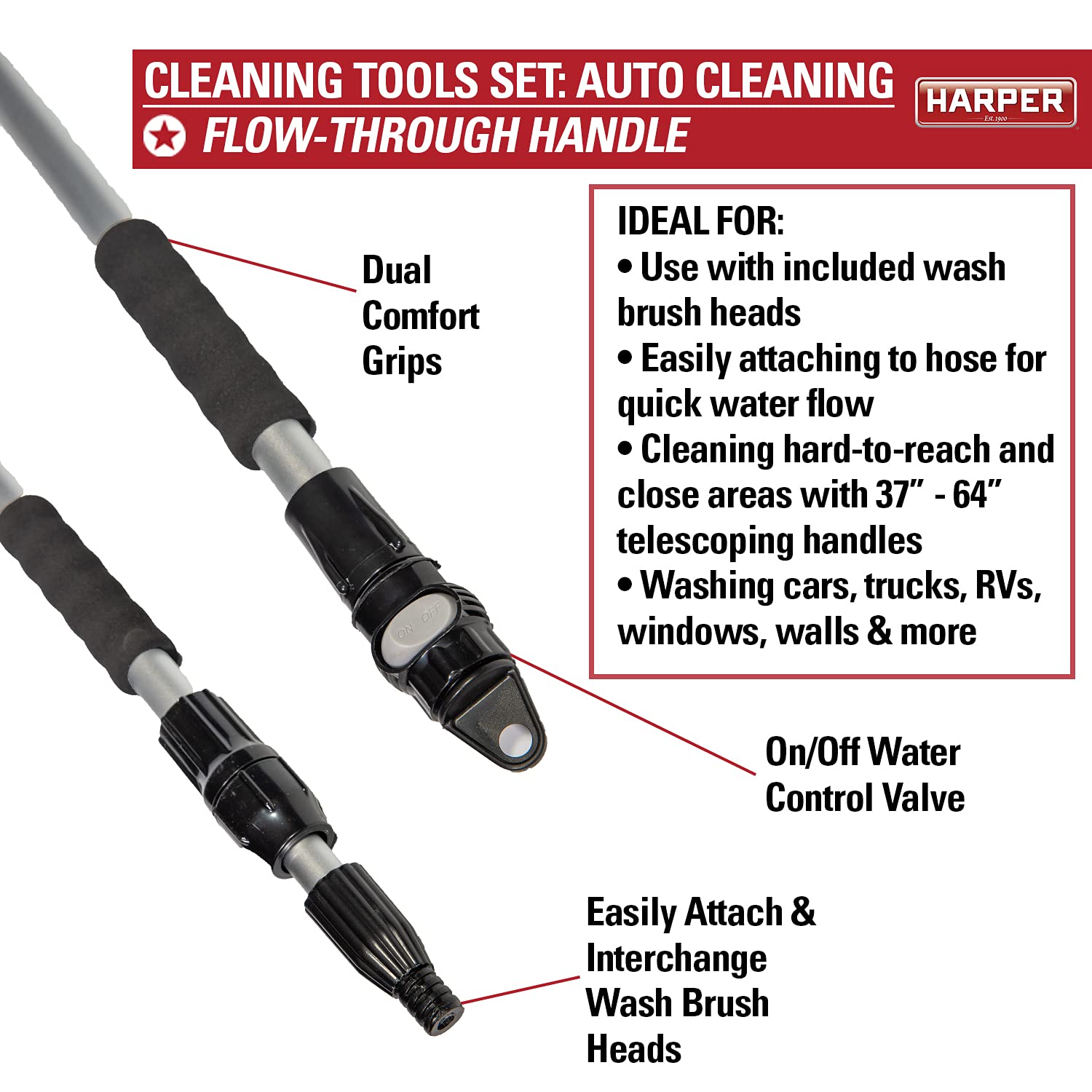 Harper 37518600 6-Piece Car Wash Brush Set with Telescoping Flow-Through Handle, (3) Brush Heads, (1) Soft Hand Brush and (1) Stiff Hand Brush