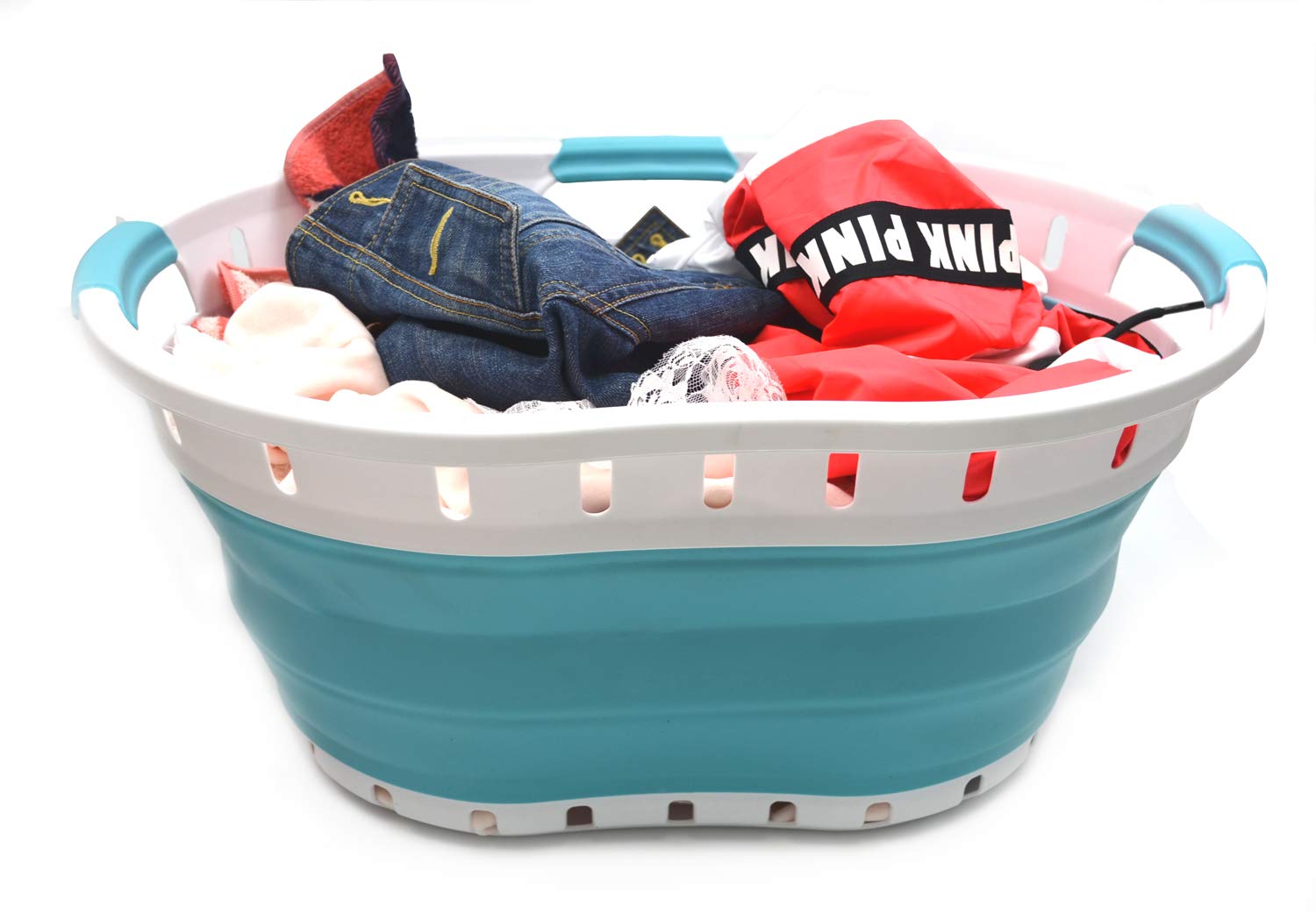 SAMMART 36L (9.5 gallon) Collapsible 3 handled Plastic Laundry Basket - Oval Basket - Foldable Storage Container/Organizer - Space Saving Laundry Hamper (2, White/Bright Blue)