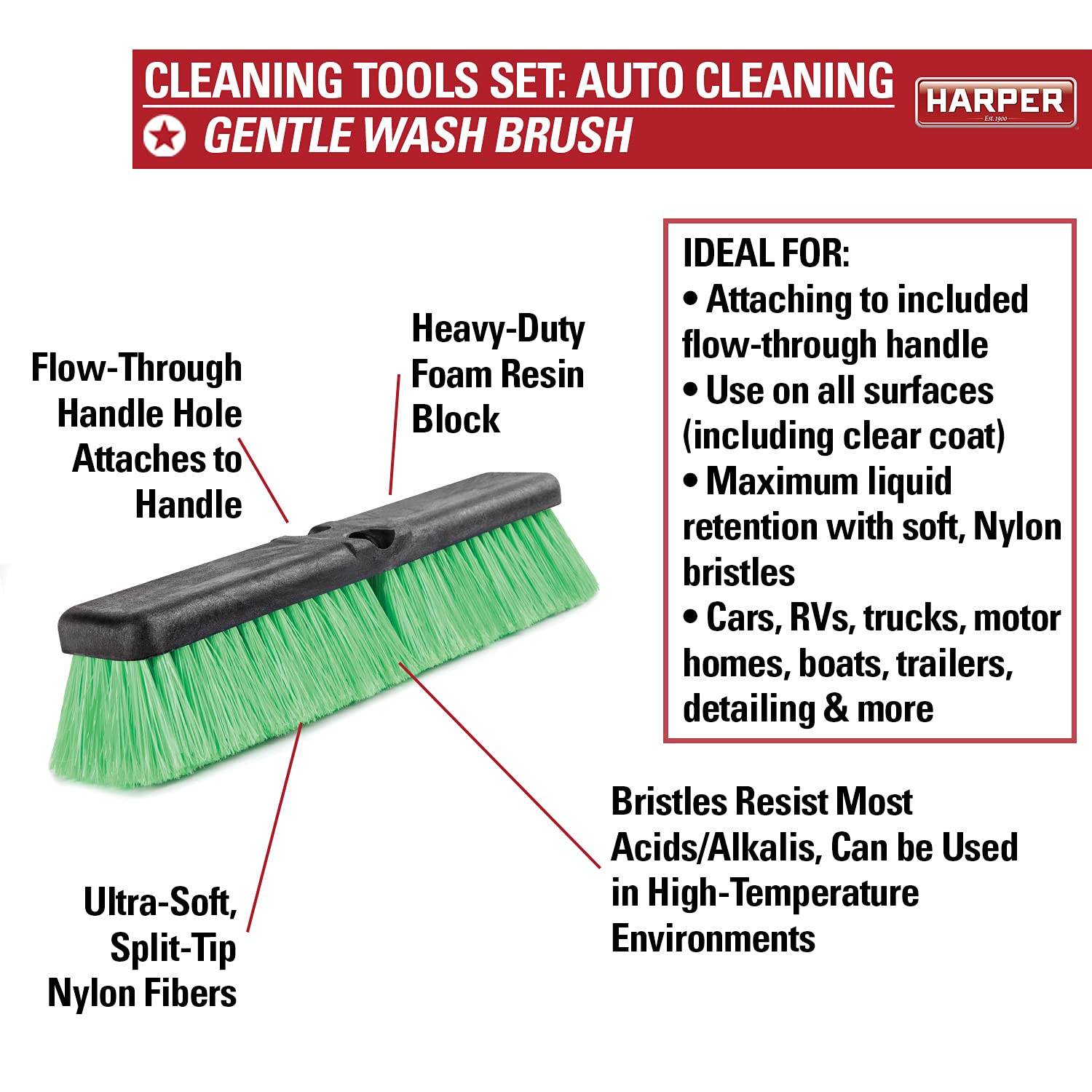 Harper 37518600 6-Piece Car Wash Brush Set with Telescoping Flow-Through Handle, (3) Brush Heads, (1) Soft Hand Brush and (1) Stiff Hand Brush