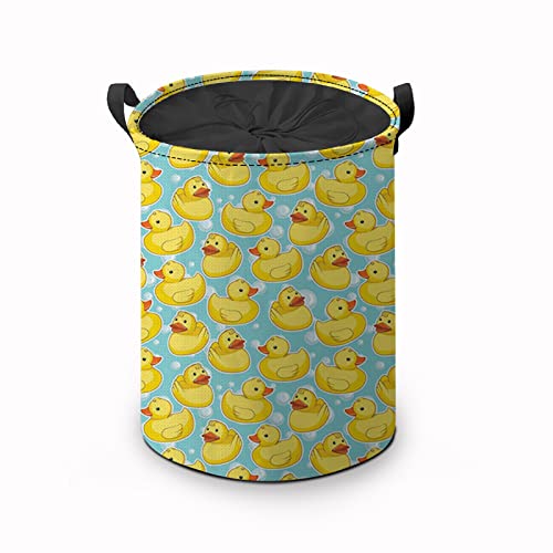 Fubido Duckies Print,Foldable Large Laundry Drawstring Basket with Handles,Bath Bubbles of Sketch Rubber Toys,for Dorm Room, Bathroom, Bedroom,Hamper for Toys,Clothing,Orange Yellow