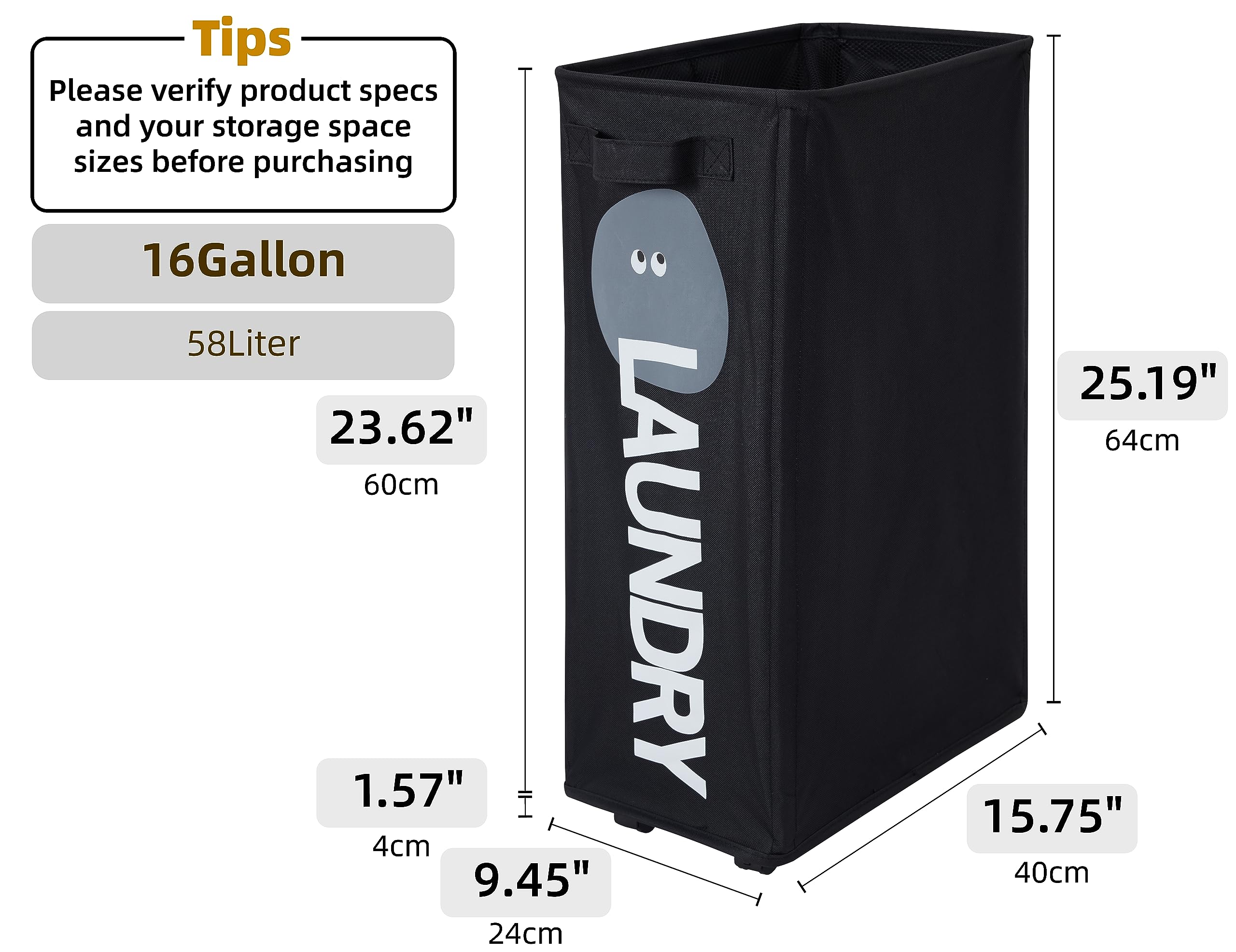 ECOWAN LIVING Laundry Basket with Wheels, Narrow Thin Tall Rolling Collapsible Foldable Laundry Hamper, Waterproof Corner Dirty Clothes Laundry Bin, Handle on Both Side, 58L (Slim Plus/16Gal, Black)